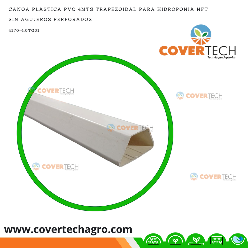 Canoa plastica PVC trapezoidal 4m para hidroponia NFT | Covertech
