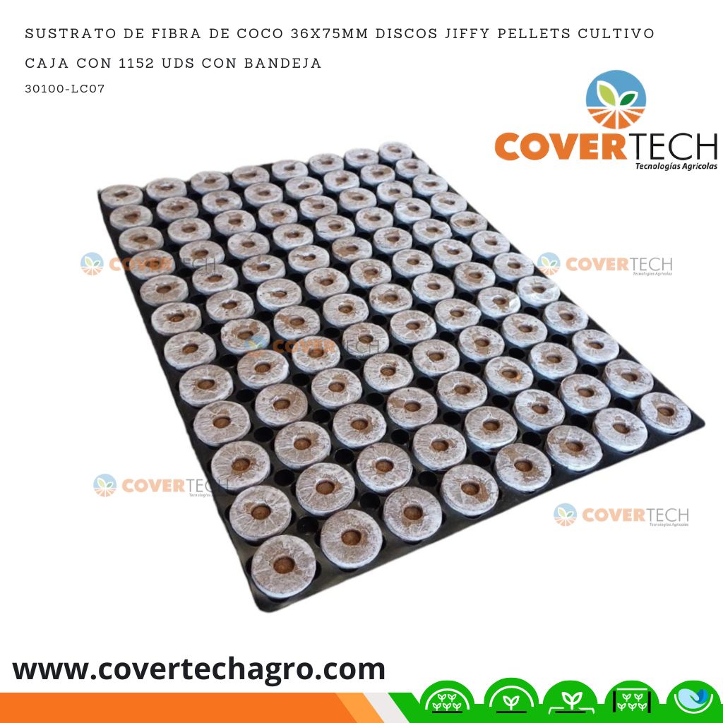 Sustrato de Fibra de Coco 36x75mm discos Jiffy Pellets cultivo 1152 uds | Covertech